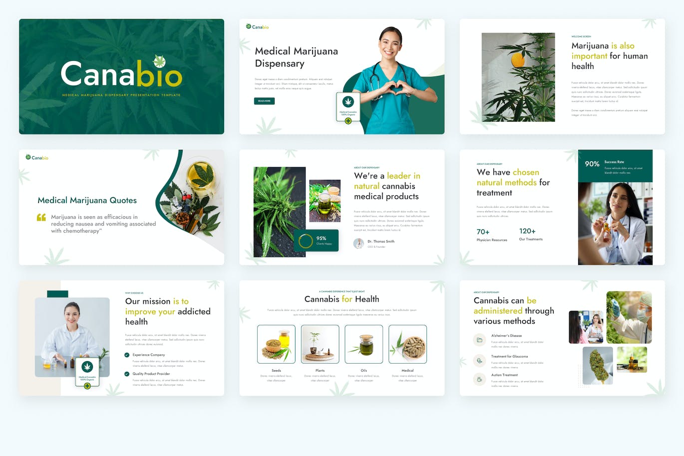 医药药物PowerPoint演示模板 CANABIO – Medical Marijuana Powerpoint Template|ABC素材资源网