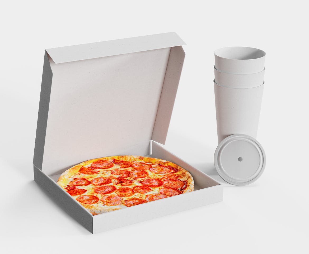 披萨盒与纸杯品牌设计样机图 Pizza Box with Cardboard Cup Mockup|ABC素材资源网
