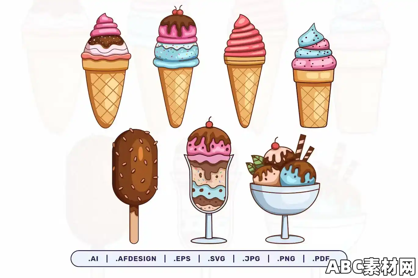 八种复古卡通风冰激凌甜品插画集合EE – Ice Cream Desert Illustration Set 8TURNFY|ABC素材资源网