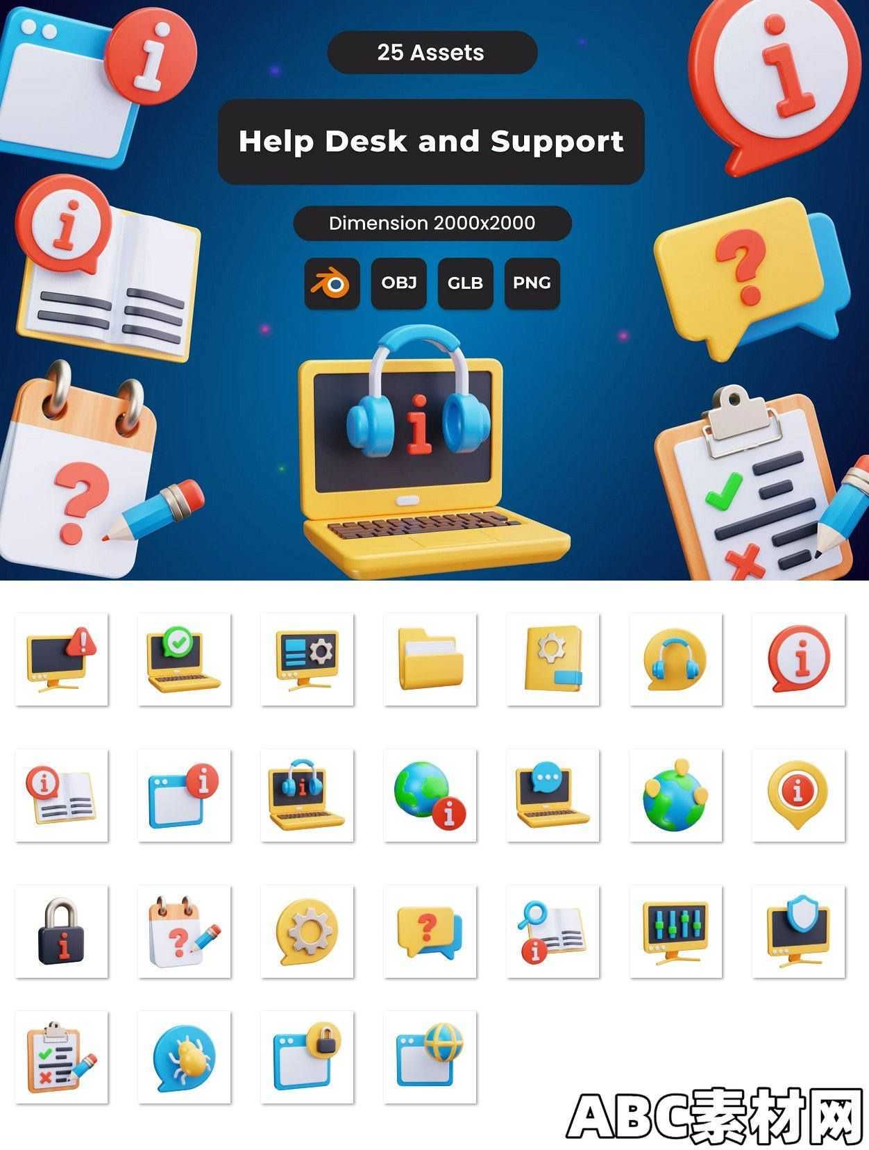 帮助台和支持 3D 图标模型Help Desk and Support 3D Icons|ABC素材资源网