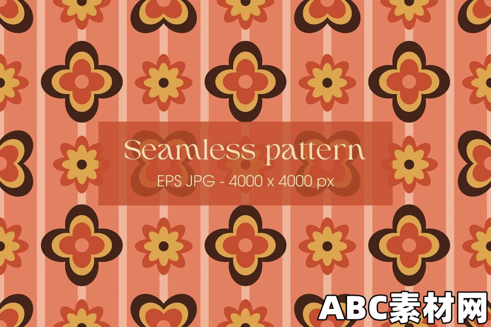 60 年代风格橙色复古花朵图案Orange vintage pattern with flowers in 60s style|ABC素材资源网